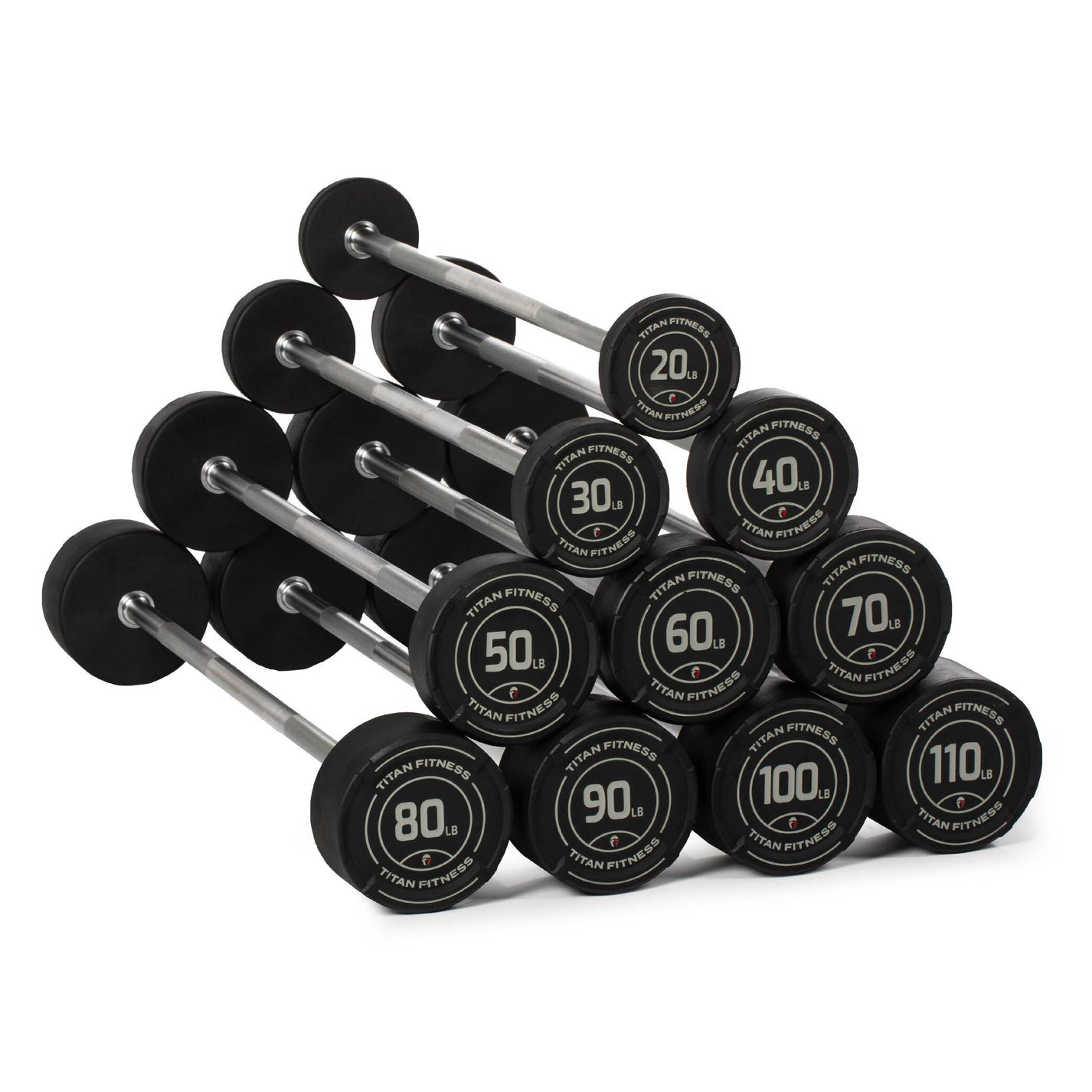 20lb-110lb Straight Fixed Rubber Barbell Set | Titan Fitness